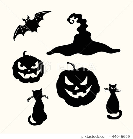 Halloween pumpkin black cat witch hat, bat stencil - Stock Illustration ...