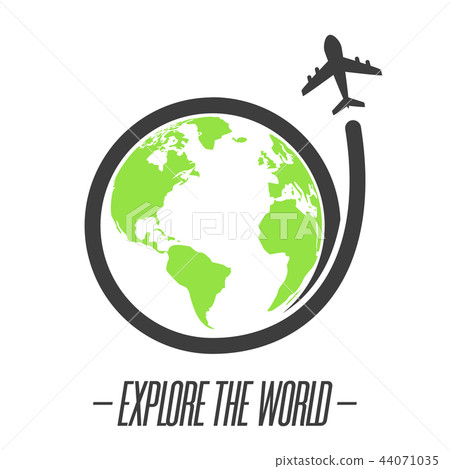 Explore the world icon with plane flying around th - Stock Illustration ...