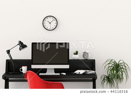 Interior of working area with computer. 3d render - Stock Illustration ...