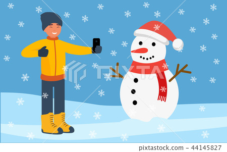 Happy man with a smartphone, takes a picture of... - Stock Illustration ...