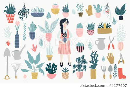 Gardening tools set. Spring time. Happy... - Stock Illustration ...