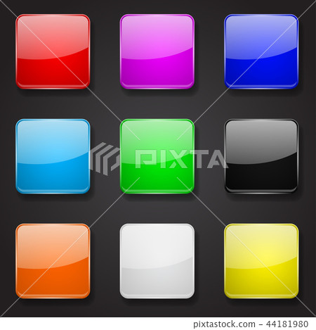 Colored glass 3d buttons. Square icons on black... - Stock Illustration ...