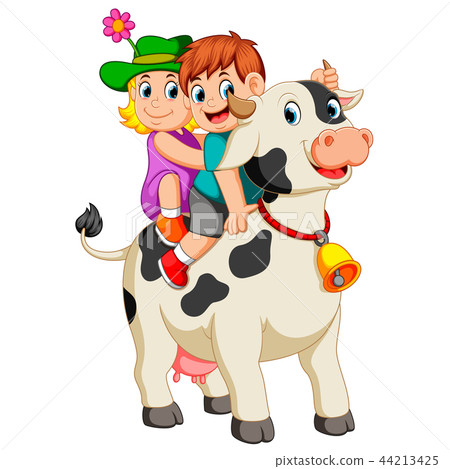 the children get into the cow and ride it -插圖素材 [44213425] - PIXTA圖庫