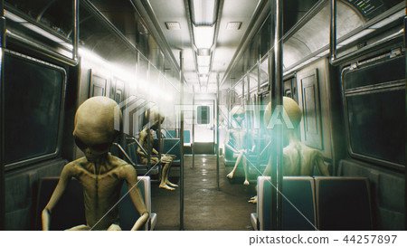 Alien go to work in the train. Abstract cosmic... - Stock Illustration ...