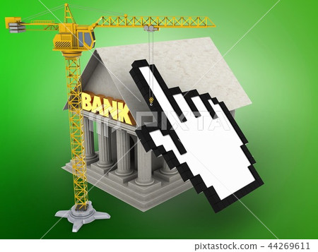 3d illustration of Bank with cursor and crane - Stock Illustration ...