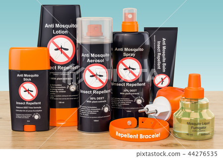 Set of insect repellent products on table - Stock Illustration ...