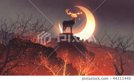 the deer from hell in fire forest - Stock Illustration [44311440] - PIXTA