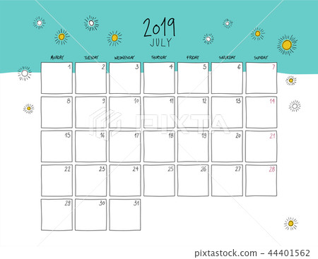 July 2019 wall calendar. Doodle style. - Stock Illustration [44401562 ...