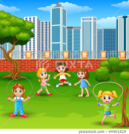 Cartoon girls playing jumping rope in the park - Stock Illustration ...