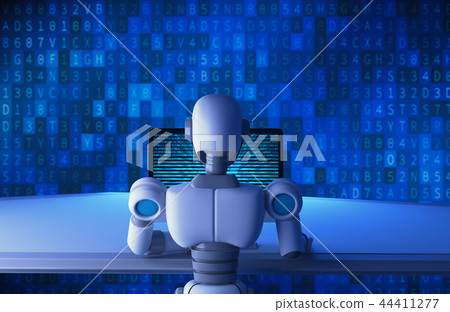 Back view of robot using a computer with binary... - Stock Illustration ...
