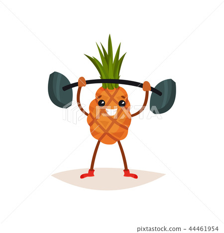 Cheerful pineapple holding barbell over his... - Stock Illustration ...