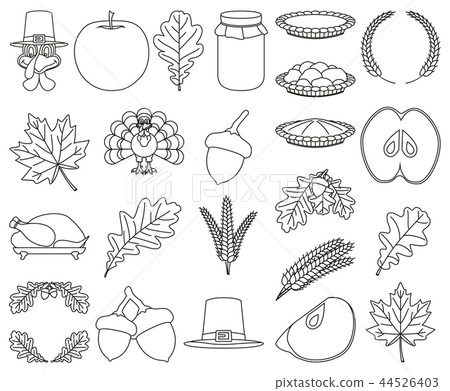 23 line art black and white thanksgiving elements - Stock Illustration ...