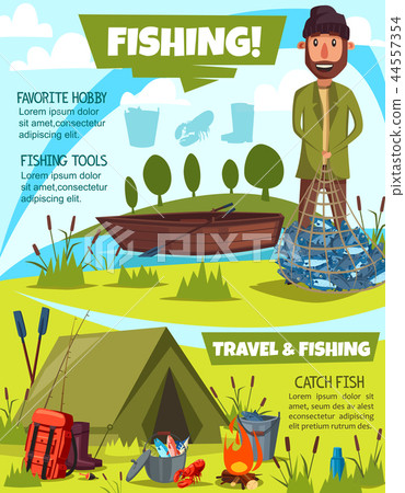 Fishing sport poster with fisherman and camping - Stock Illustration ...