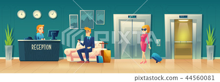 Vector cartoon hotel reception. Lobby of inn. - Stock Illustration ...