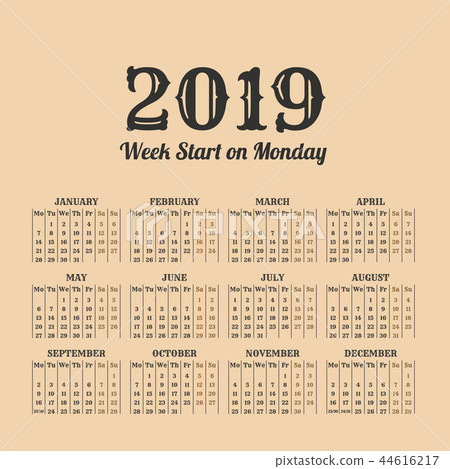 2019 year vintage calendar. Weeks start on monday - Stock Illustration ...