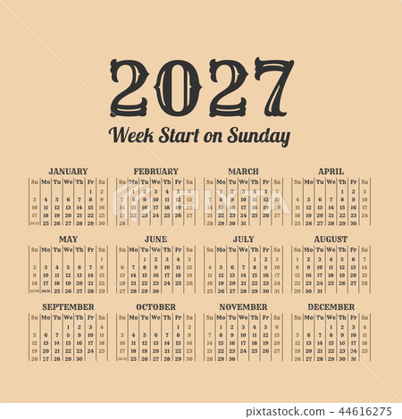 2027 year vintage calendar. Weeks start on sunday - Stock Illustration ...