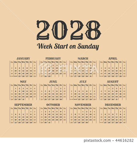 2028 year vintage calendar. Weeks start on sunday - Stock Illustration ...