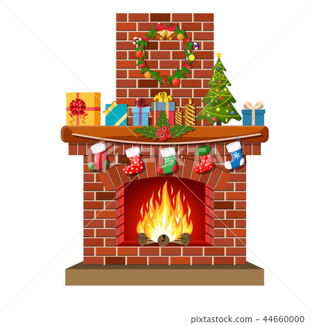 Christmas red brick classic fireplace - Stock Illustration [44660000 ...