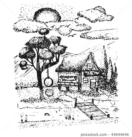 drawing pen of rural houses vector sketch - Stock Illustration ...