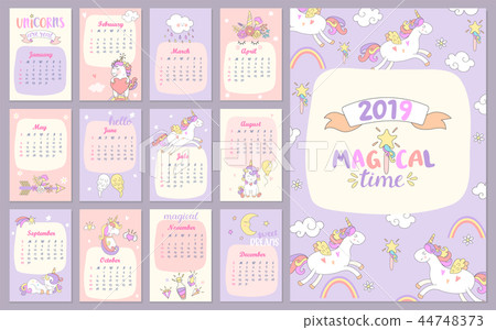 2019 Magical time Calendar with unicorns. - Stock Illustration ...