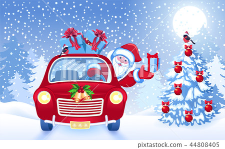 Christmas card with Santa Claus in red car - Stock Illustration ...