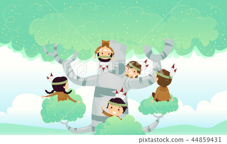 Stickman Kids Birch Tree Play Illustration - Stock Illustration ...