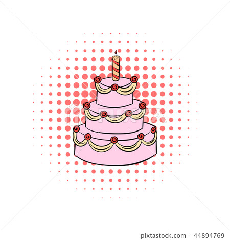 Three-tiered birthday cake with candle comics... - Stock Illustration ...