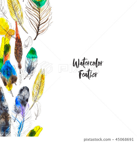 Watercolor frame with colorful feathers on... - Stock Illustration ...