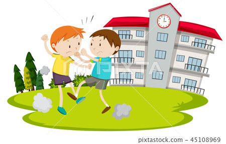 Young boy fighting in front of school - Stock Illustration [45108969 ...