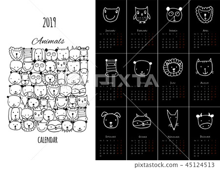 Funny animals, calendar 2019 design - Stock Illustration [45124513] - PIXTA