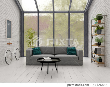 Loft style interior design 3D rendering - Stock Illustration [45126886 ...