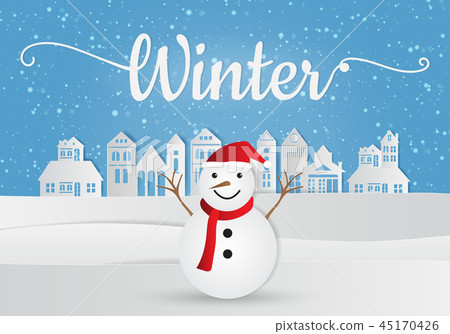 Hello winter text with snowman in snow forest - Stock Illustration ...