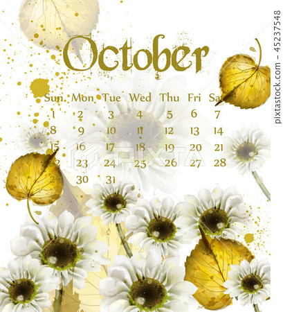 Autumn October calendar with golden leaves Vector - Stock Illustration ...