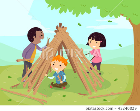 Stickman Kids Stick Hut Building Illustration - Stock Illustration ...