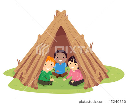 Stickman Kids Stick Hut Illustration - Stock Illustration [45240830 ...