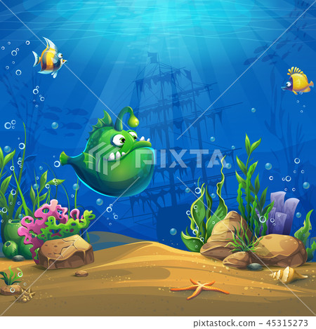 Cartoon funny green fish-插圖素材 [45315273] - PIXTA圖庫