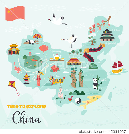 Chinese cartoon map with destinations, symbols - Stock Illustration ...