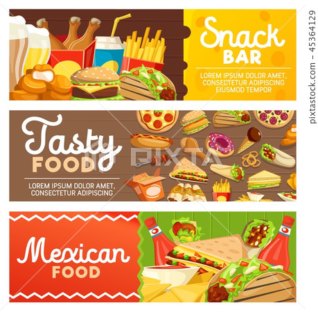 Fast food meals and snacks vector banners - Stock Illustration ...