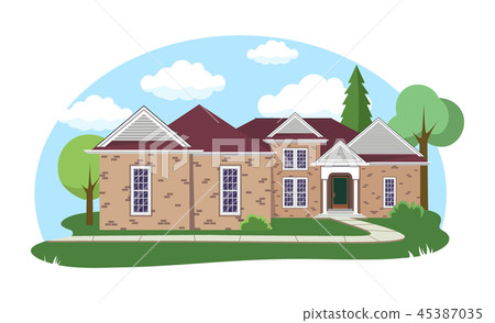 Cartoon house exterior with blue clouded sky... - Stock Illustration ...