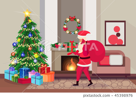 santa claus hold sack in living room decorated... - Stock Illustration ...