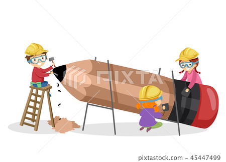 Stickman Kids Building Pencil Illustration - Stock Illustration ...