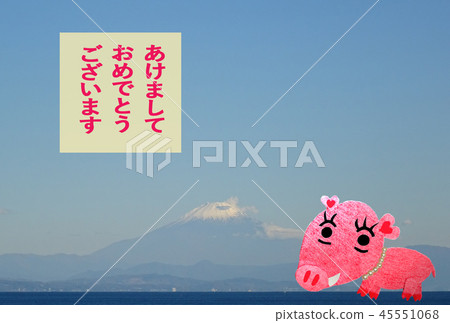 Pink Ino-chan and New Year's card of Mt. Fuji - Stock Illustration ...