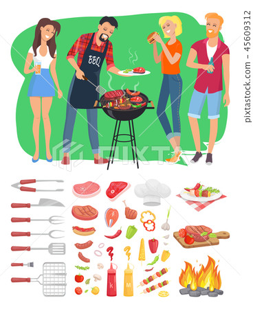 BBQ Barbecue People and Tools Vector Illustration - Stock Illustration ...