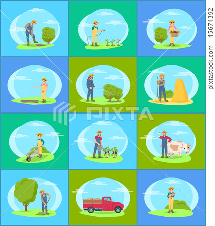 Farmer Working on Farm with Tools Cartoon Set - Stock Illustration ...