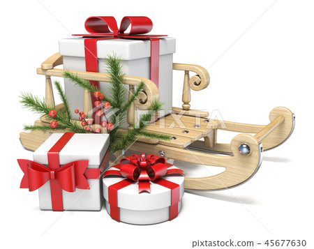 Sledge with Christmas presents and decorations 3D - Stock Illustration ...