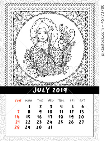 Snow Maiden coloring book page, calendar July 2019 - Stock Illustration ...