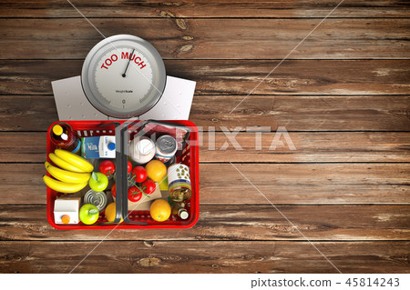 Groceries in a shopping basket on weight scale - Stock Illustration ...