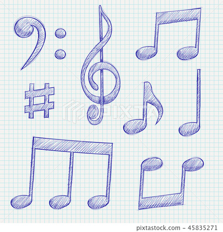 Music signs. Blue notes and symbols on lined... - Stock Illustration ...