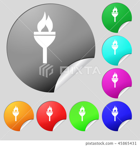 Torch icon sign. Set of eight multi colored round - Stock Illustration ...