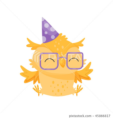 Lovely orange owlet in glasses and party hat,... - Stock Illustration ...